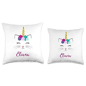 Cat Unicorn Eliana Name Gifts Eliana Name Gift Girls Cat Unicorn Bedroom Decor Throw Pillow, 16x16, Multicolor