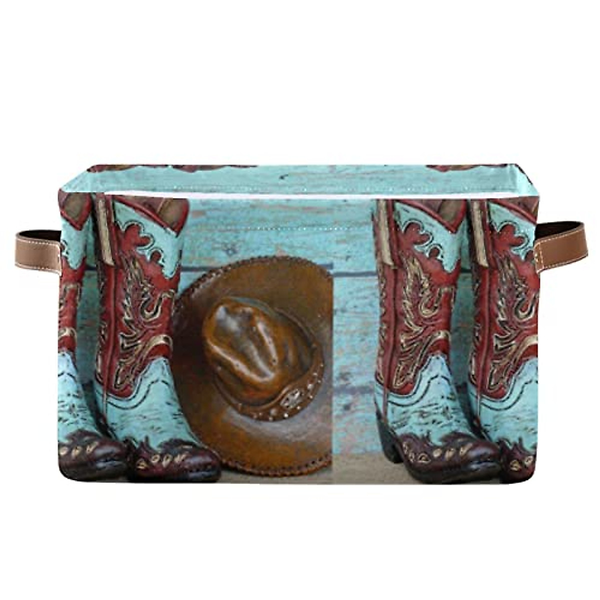 Oyihfvs Turquoise and Red Cowboy Boots and Hat Standing on Wood 1 PC Rectangle Storage Basket Collapsible Fabric with Leather Handles Bag Organizer Clothes for Home Bedroom 15 x 11 x 9.5 in