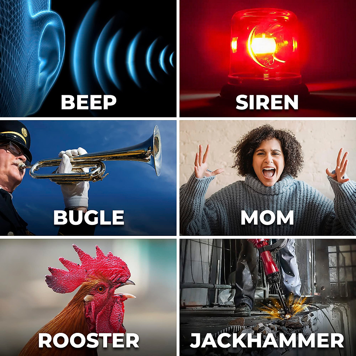 Sharp Big Bang Super Loud Alarm Clock for Heavy Sleepers, 6 Extremely Loud Wake Up Sounds: Rooster, Bugle, Nagging Mom, Jackhammer, Siren, Beep– Up to 115db Volume, Silver/Black with White LED Display