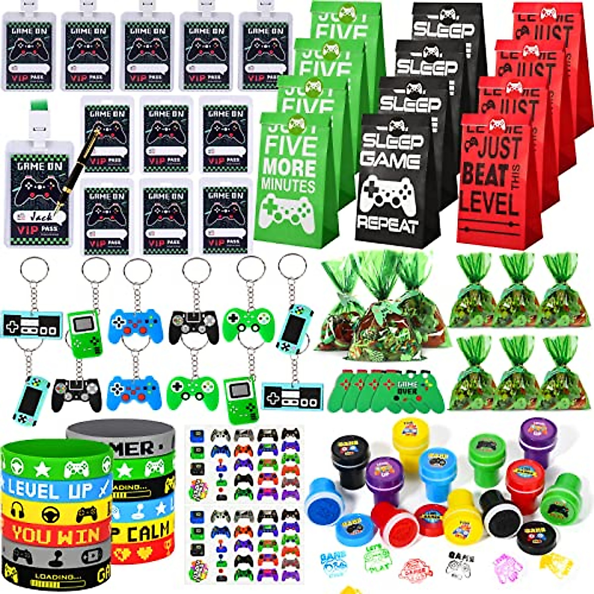 Tacobear 102 Pcs Video Game Party Favors for Kids Gamer Party Gift VIP Pass Holder Silicone Bracelet Keychain Temporary Tattoos Pinata Gift Goodie Bag Fillers Game On Themed Boys Birthday Party Supplies
