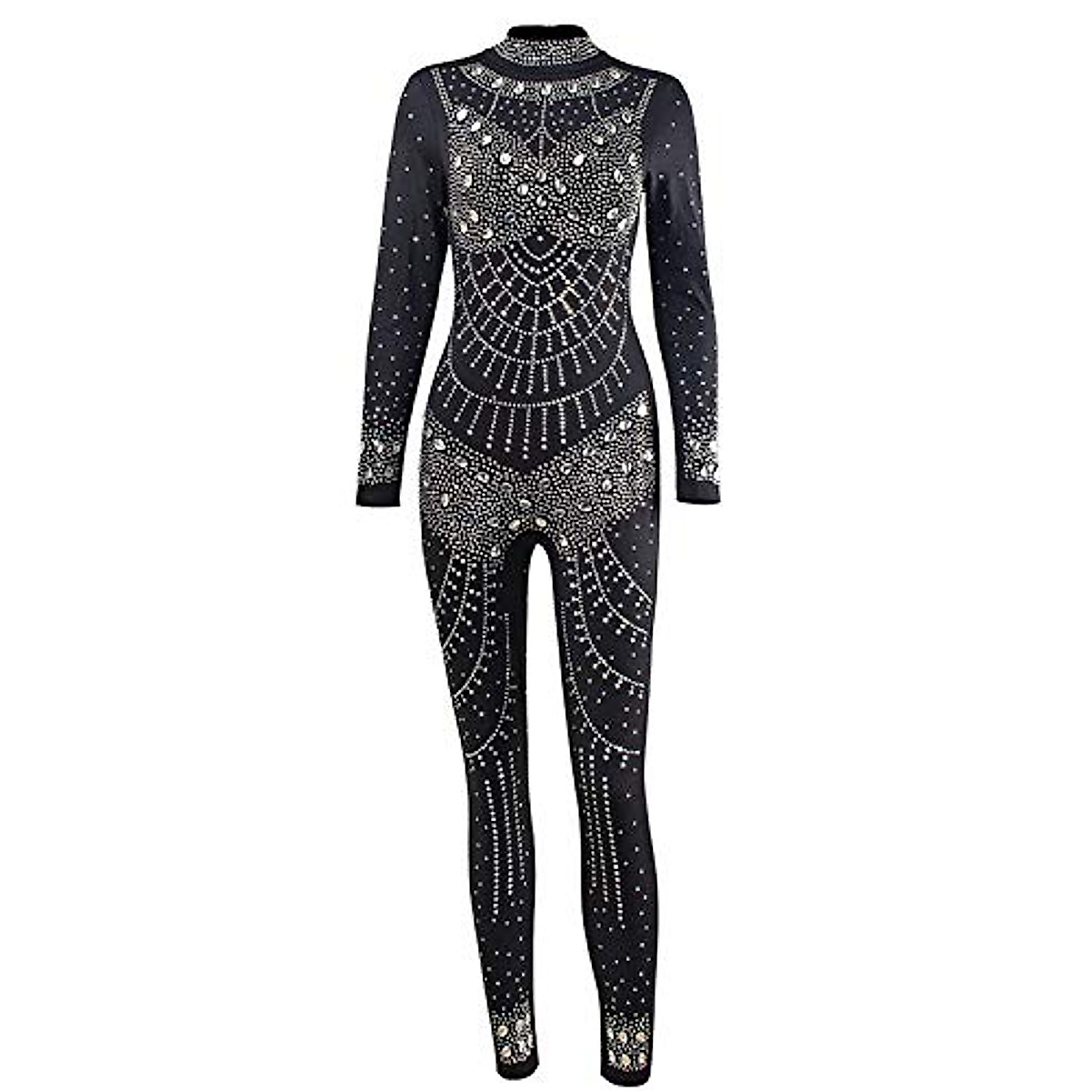 Sedrinuo Women Club Outfits Long Sleeve Bodycon Jumpsuits High Neck Sparkly Rhinestone Romper