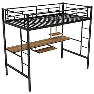 Metal Loft Bed Studio Loft Bunk Bed Over Desk and Bookcase with 2 Ladders and Keyboard Tray,Twin Loft Bed for Dorm, Boys & Girls Teens Kids, Black
