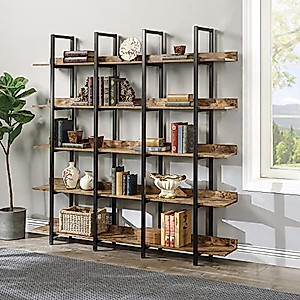 P PURLOVE Bookcase 5 Tier Open Vintage Bookshelf Industrial Wood and Metal Storage Organizer, 70.87”W Industrial Bookcase with Adjustable Foot Pads, for Home Office, Brown