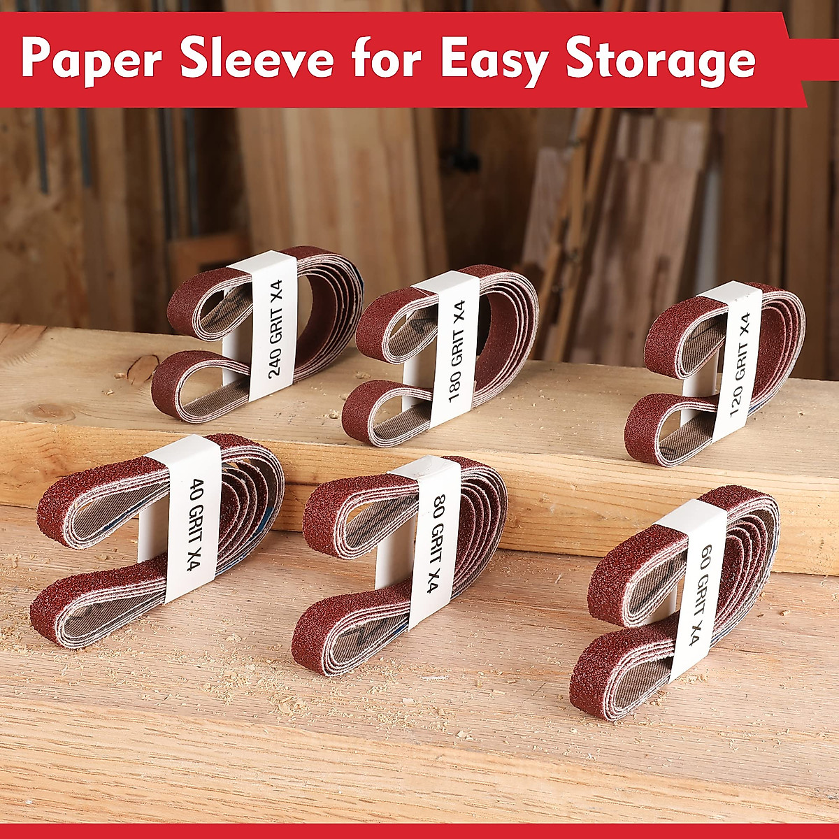 WORKPRO 24 Pack 1/2 x 18 Inch Sanding Belts, Aluminum Oxide Abrasive Belts, 4 Each of 40/60/80/120/180/240 Grits, Belt Sander Tool for Woodworking, Metal Polishing, Red