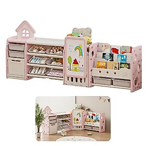 UNICOO Kids Multifunctional Toy Storage Organizer with 3-Tier Bookshelf, Storage Rack & Drawing Board, Flexible & Versatile L Shaped Organizer for Nursery, Playroom, Study Room (Pink)