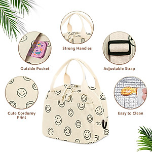 WOBAGMEN Lunch Bag for Women Men,Cute Corduroy Lunch Box Large Lunch Bag With Shoulder Strap Smiley Lunch Tote Bag, Insulated Cooler Lunch Case Reusable Lunch Box for Work Picnic