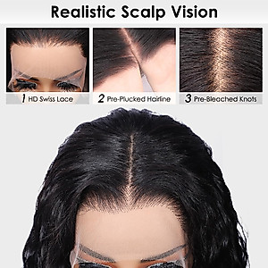 Alibeauty 13x4 HD Transparent Lace Front Wigs Human Hair Pre Plucked Hairline with Baby Hair 200 Density Brazilian Water Wave Wigs for Black Women(20 Inch)