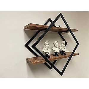 Diamond Shape Metal Frame Wall Mount Rustic Shelf. Mid Century Modern 2 Tier Wall Shelf