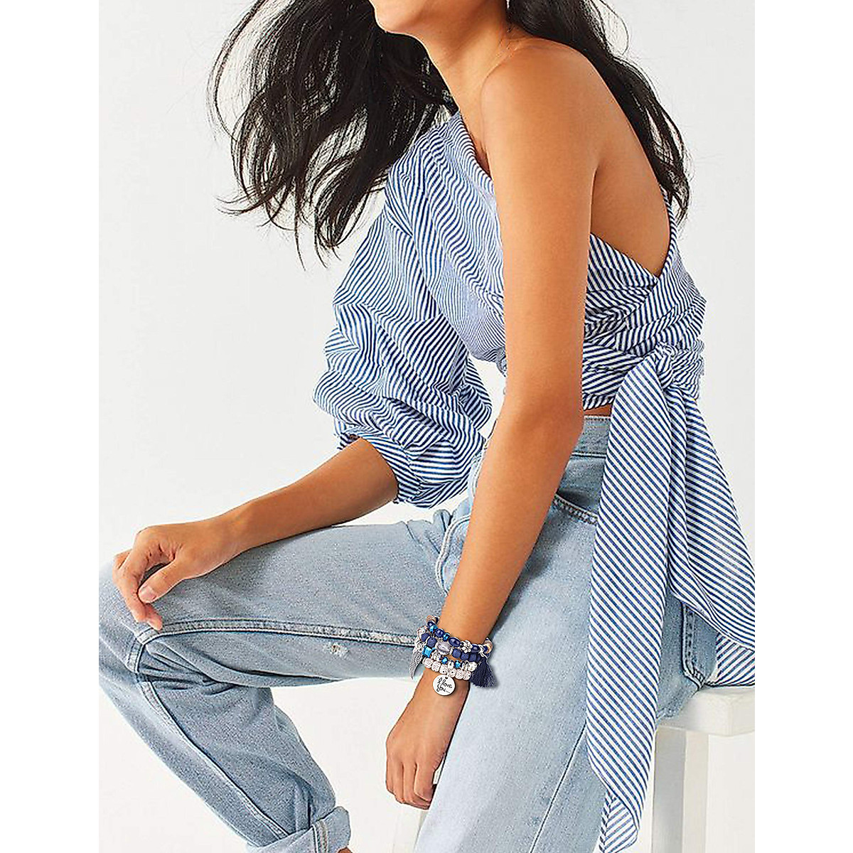 LOYALLOOK 5Sets Bohemian Stretch Beaded Bracelets for Women Crystal Beaded Strand Bangle Charm Multilayer Stackable Bracelets