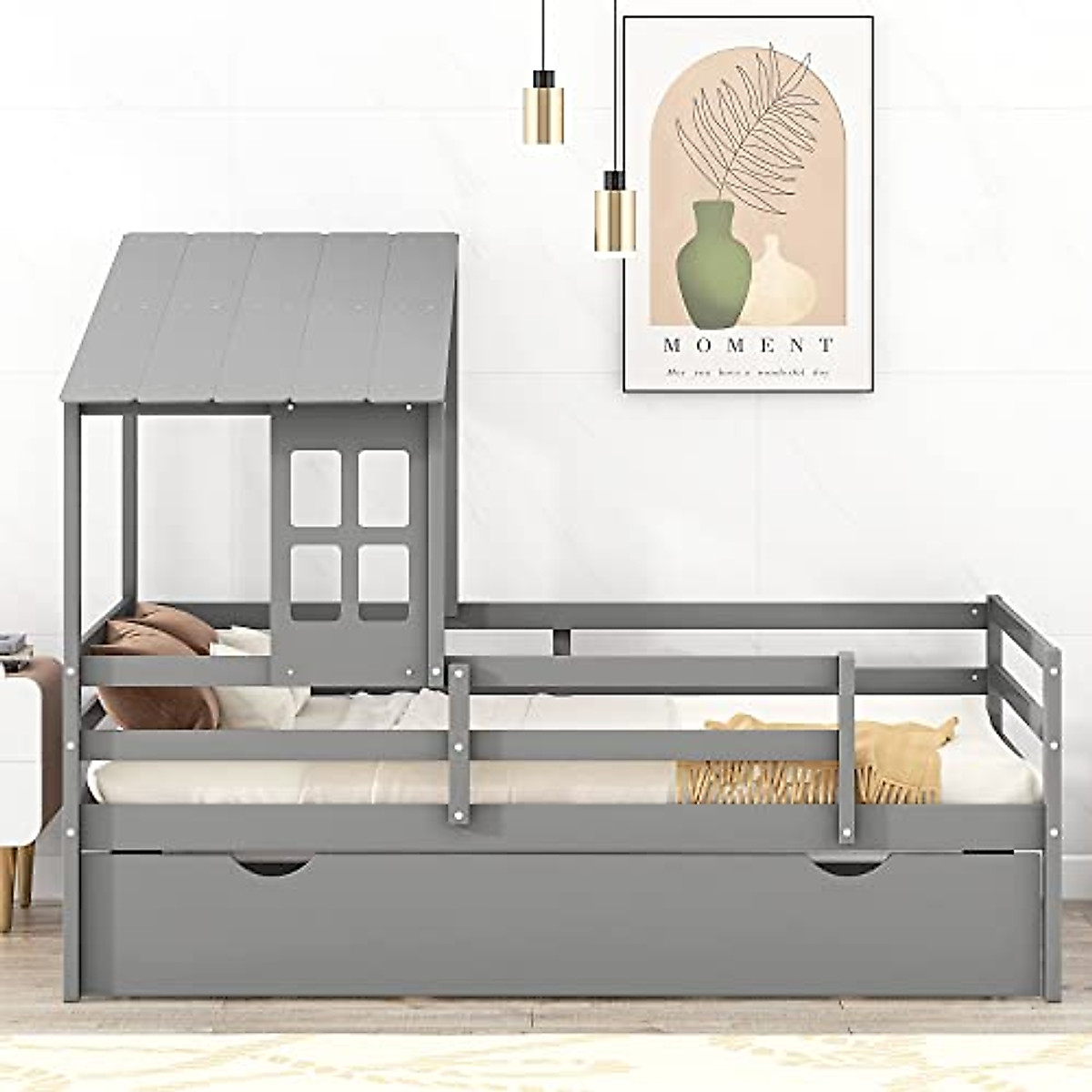 DHHU House Bed with Trundle, Window and Roof, Twin Size Low Loft Bed with Trundle, Wooden Bed Frame for Boy Girl Kids Toddler, Grey