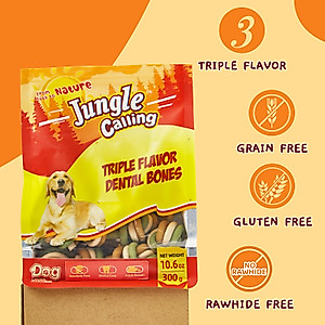 Jungle Calling Rawhide Free Dog Dental Treats, Triple Flavor Dental Chews for Dogs, Easy to Digest, Teeth Clean Dog Bones for Small Dogs, 10.6 oz