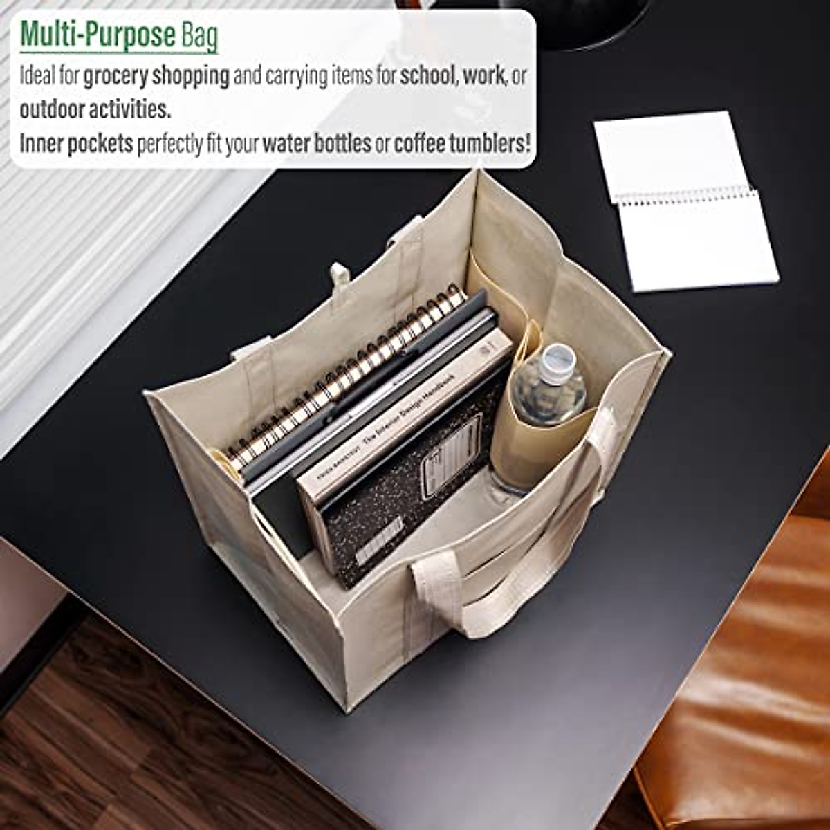 VENO 4 Pack Reusable Grocery Shopping Bag w/bottle holder, Hard bottom, Foldable, Multipurpose Heavy Duty Tote, Daily Utility bag, Stands Upright, Sustainable (Set of 4, Beige)