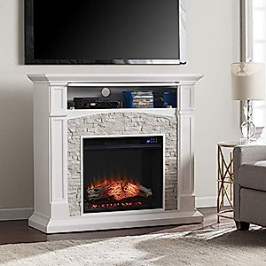SEI Furniture Seneca Faux Stacked Stone Electric Fireplace with Hidden Media Shelf, New Crisp White