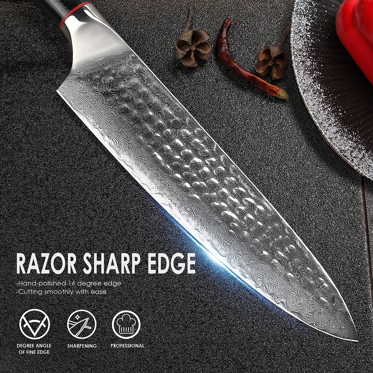Chef Knife 8 Inch Damascus Kitchen Knife, Professional Japanese VG10 Damascus Steel Cooking Knife, Ergonomic Wood Knife Handle, Super Sharp Chef's Knives with Gift Box