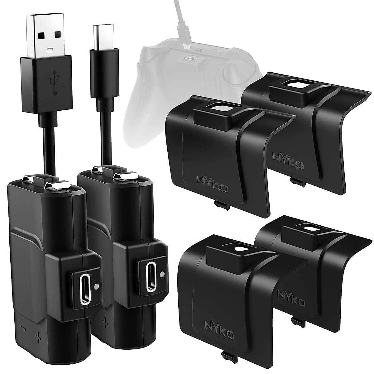 Nyko Xbox Power Kit Plus for Xbox Series X|S/One - Rechargeable Battery Kit with 2 Batteries, Black Covers, 10-Foot USB-C Charge Cable - Ultimate Xbox Accessories - Power, Charger, & Battery Pack