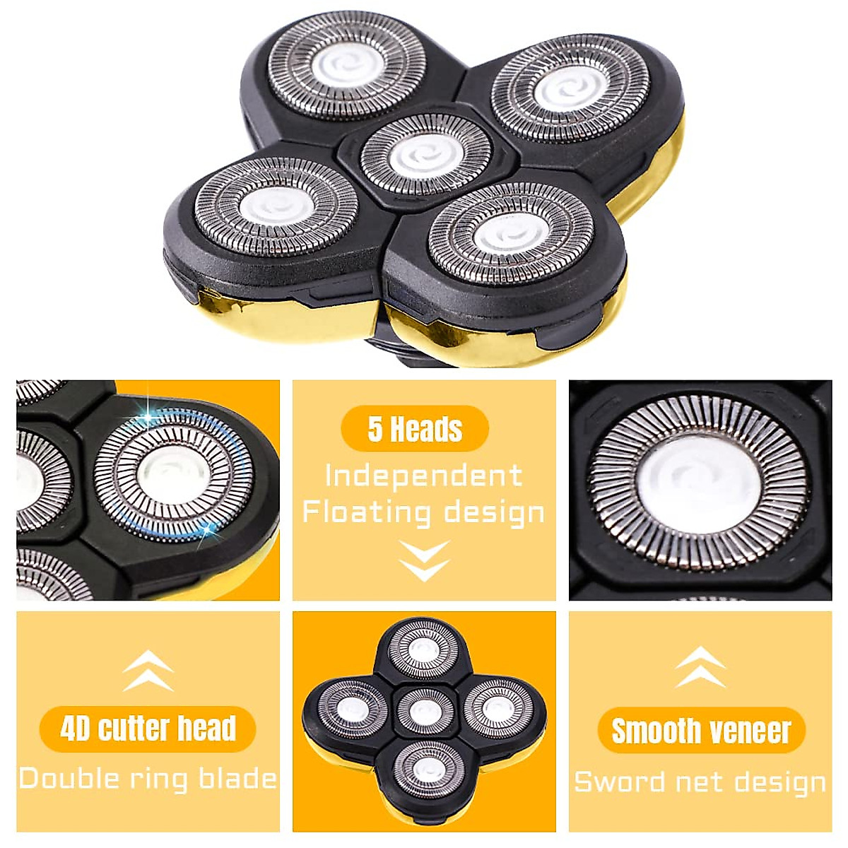 Shaver Blade Heads, 5 Heads Beard Cutter Replacement Blade Easy Install Electric Razor Shaver Head for Head and Face (Gold)