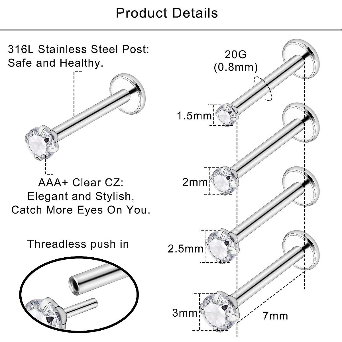 Lcolyoli 20G Threadless Push in Nose Rings for Women Diamond CZ 1.5mm 2mm 2.5mm 3mm Surgical Steel Nose Studs Pushin Nose Piercings Nostril Jewelry 4PCS