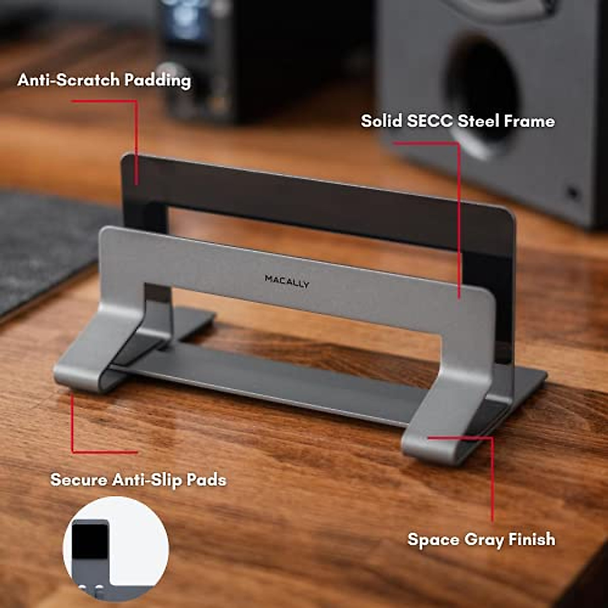 Macally Vertical Laptop Stand for Desk - Adjustable Desk Laptop Holder for Universal Compatibility - Saves Space & Improves Airflow - Use as MacBook Stand Vertical Dock (Pro / Air) - Weighted Frame