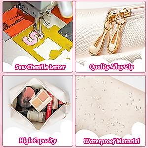 Y1tvei Preppy Patch CHEER Hot Pink Chenille Letter Extra Large Cosmetic Bag PU Leather Waterproof Portable Varsity Cheer Letter Makeup Toiletry Pouch Travel Organizer for Cheerleader Girl (Shell Gold)