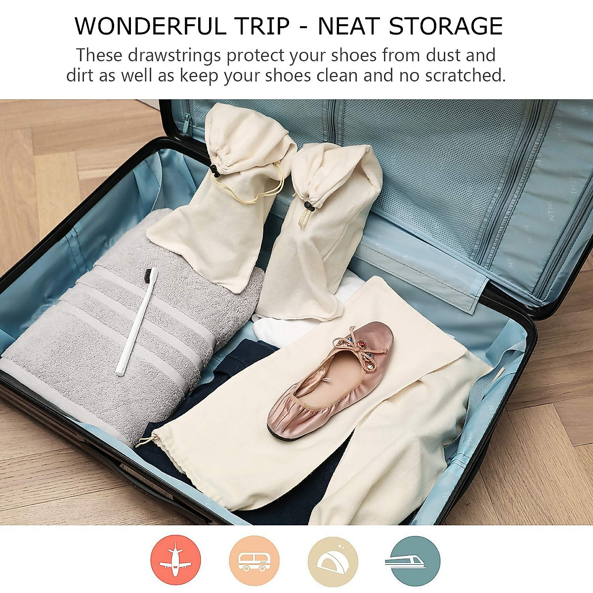 PlasMaller Shoe Storage Bags 100% Cotton with Drawstring For Men and Women for Travel Protecting and Storing Shoes (Beige, Set of 4)