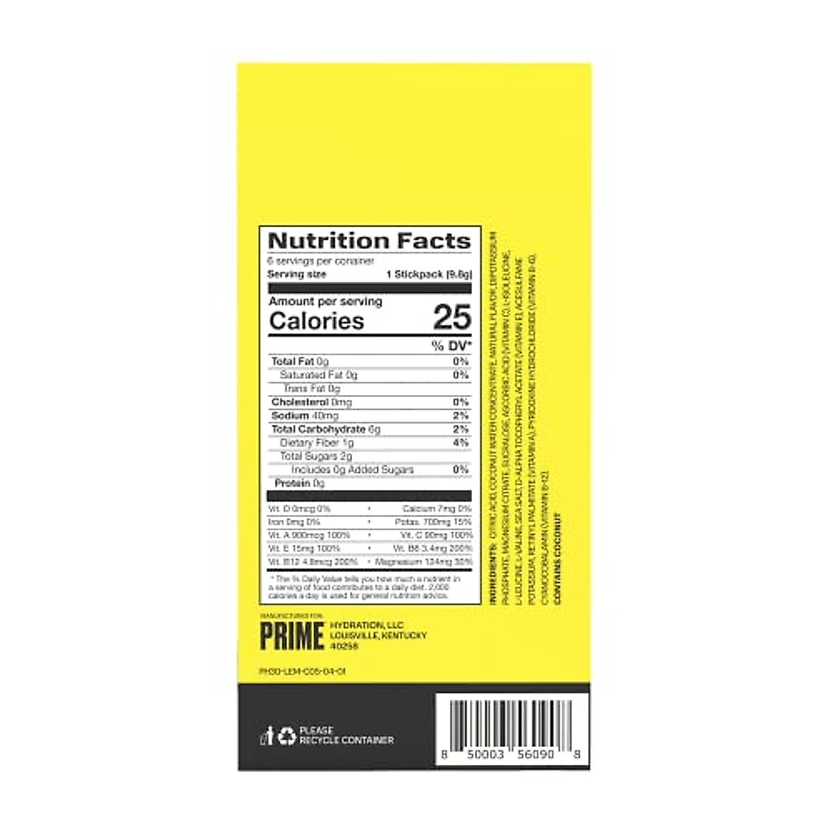 Prime Hydration+ Stick Pack | LEMONADE | 6 Sticks | Electrolyte Drink Mix | 10% Coconut Water | 250mg BCAAs | Antioxidants | Naturally Flavored | Zero Added Sugar | Easy Open Single-Serve Sticks