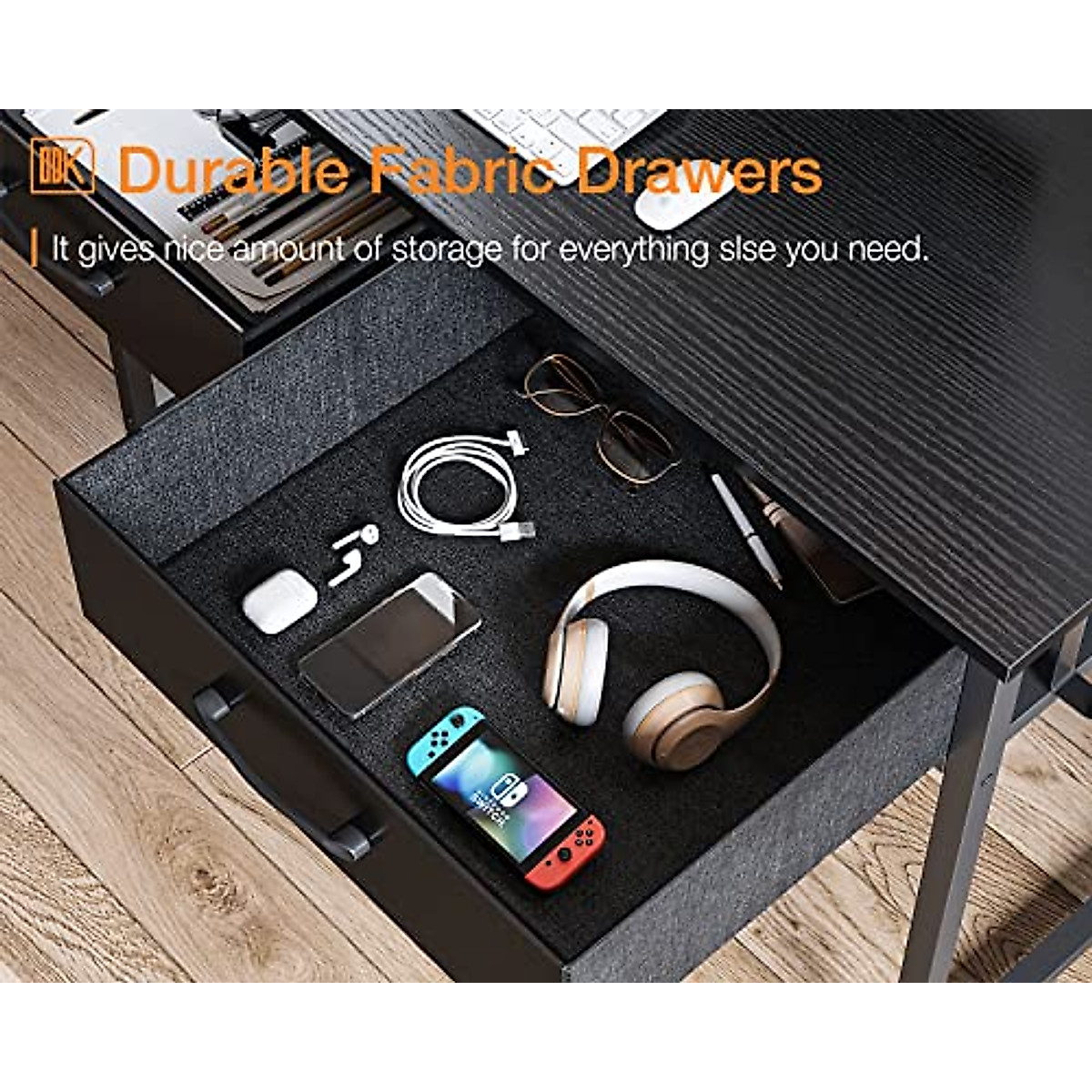 ODK 40 Inch Small Desk with Fabric Drawers, Vanity Desk with Storage, Home Office Desk for Small Spaces and Bedroom, Modern Work Writing Study Table, Black