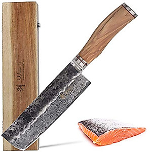 Wakoli Damascus Nakiri knife 6.9-inch blade extremely sharp from 67 layers genuine Japanese Damascus steel with a black hammer and olive wood handle, Olive HS Series