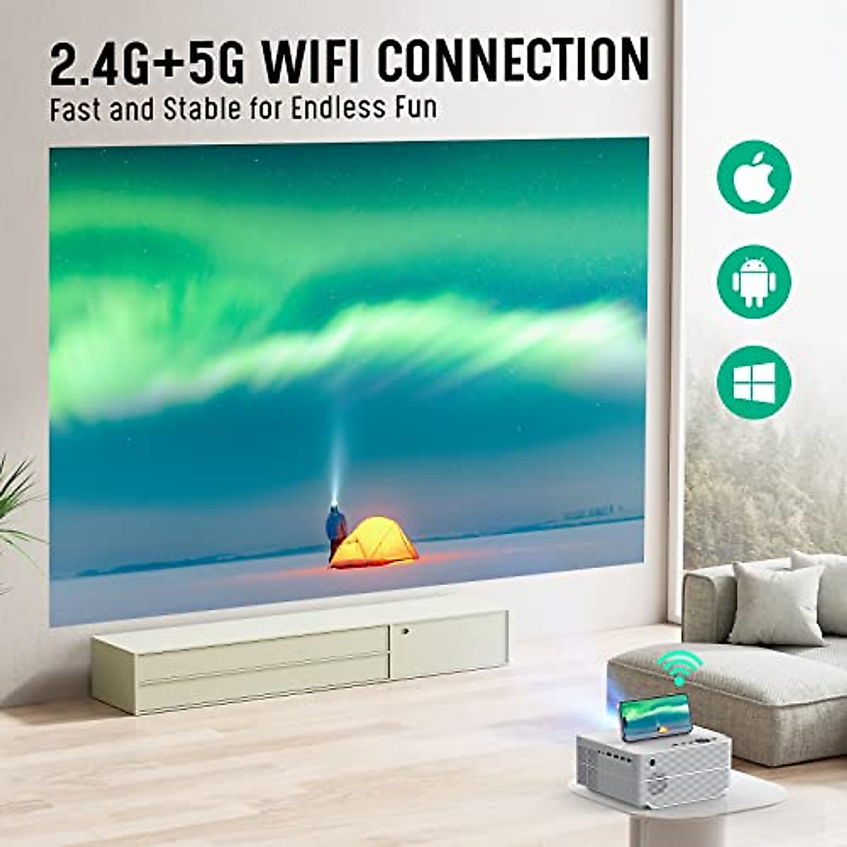 VIZONY Projector with 5G WiFi and Bluetooth, 20000L 600ANSI Full HD Native 1080P Projector, Support 4k & 350" Display with Carry Case, Outdoor Movie Projector Compatible w/Phone/TV Stick/Laptop, White