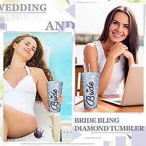 Hoolerry Bling Studded Rhinestone Tumbler Glitter Diamond Cup 16.9 oz Stainless Steel Insulated Reusable Water Bottle with Straw Lid and Brush for Women Bachelorette Shower Wedding Gift(Bride)