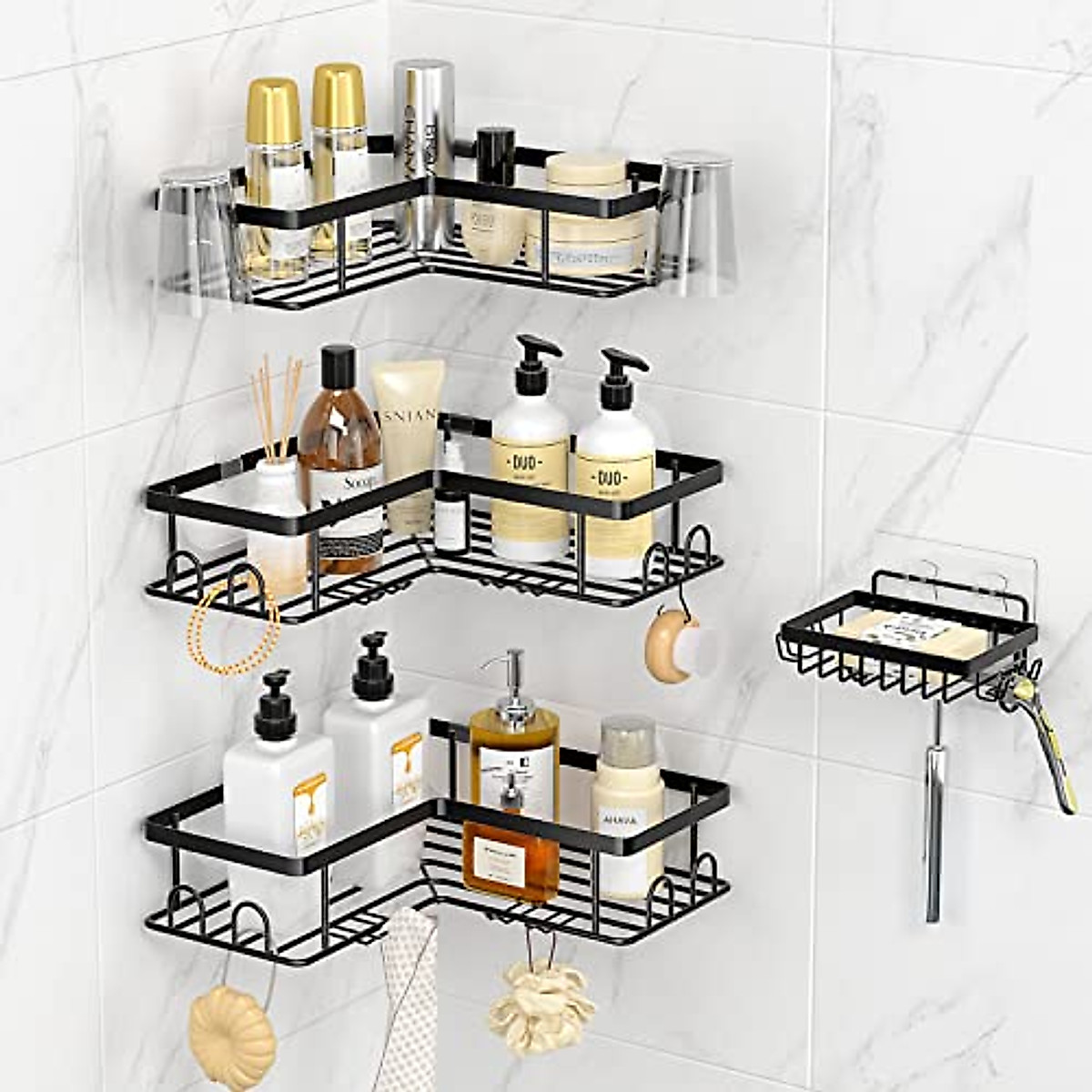 SIXDOVE 3-PACK Corner Shower Caddy- Corner Shower Shelf with 1 Soap Holder, Adhesive Shower Organizer with 18 Hooks, No Drilling Rustproof Stainless Steel Shower Rack Shelves for Bathroom & Kitchen
