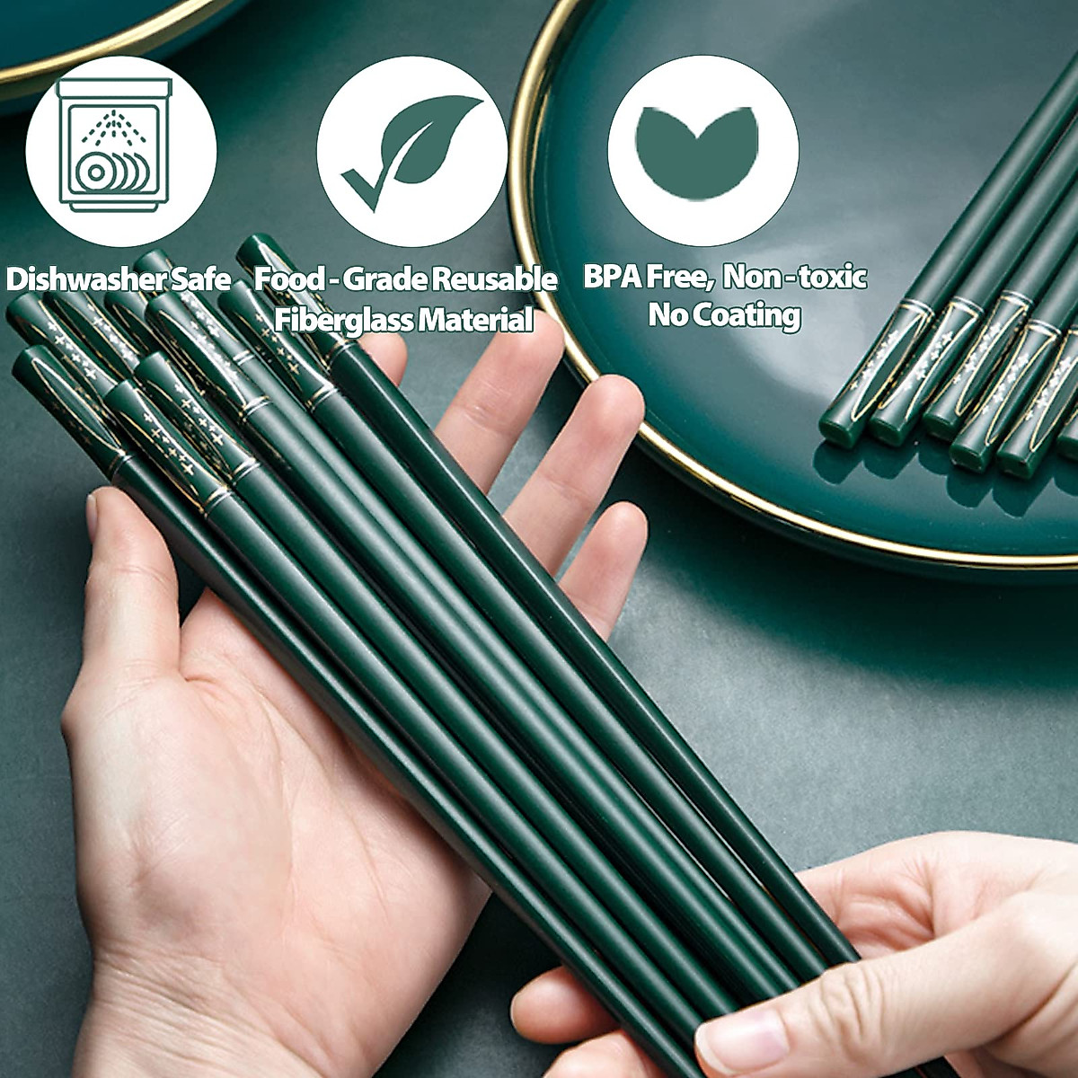 10 Pairs Fiberglass Chopsticks-Reusable Chopsticks Dishwasher Safe, 9.57 inch/24.3cm Non-Slip Family/ Hotel/ Restaurant Chinese Chop Sticks, Korean/Japanese ChopStick, Dark Green