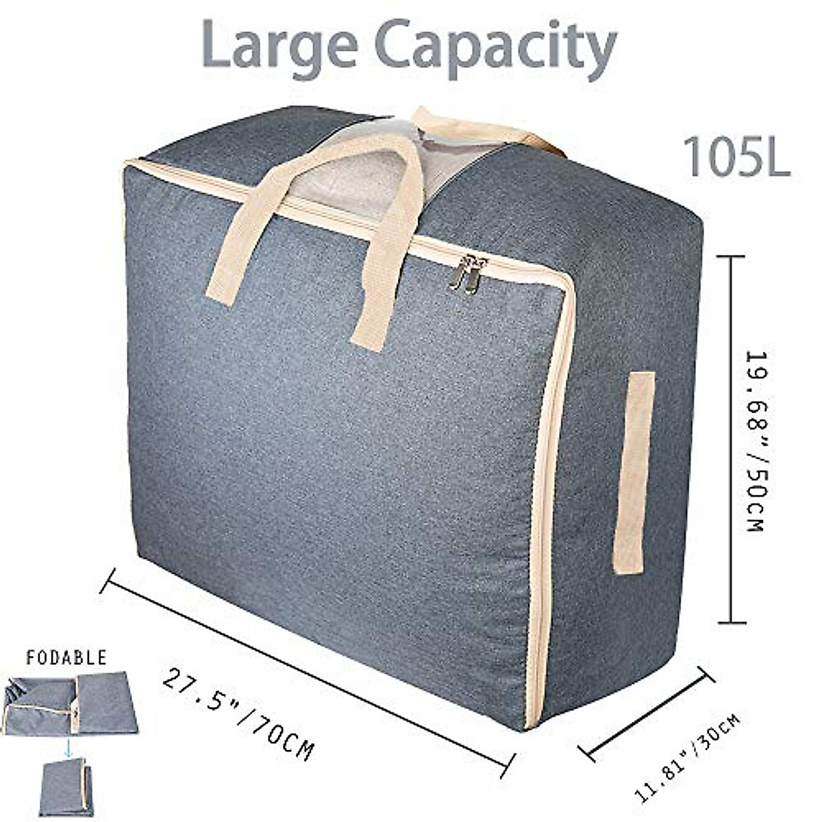 Qozary Large Storage Bags for Comforters, Blankets, Clothes, Quilts and Towels, Better and Sturdy Organizer Bag, Under Bed Storage, Great for Closets, Bedrooms (Gray)