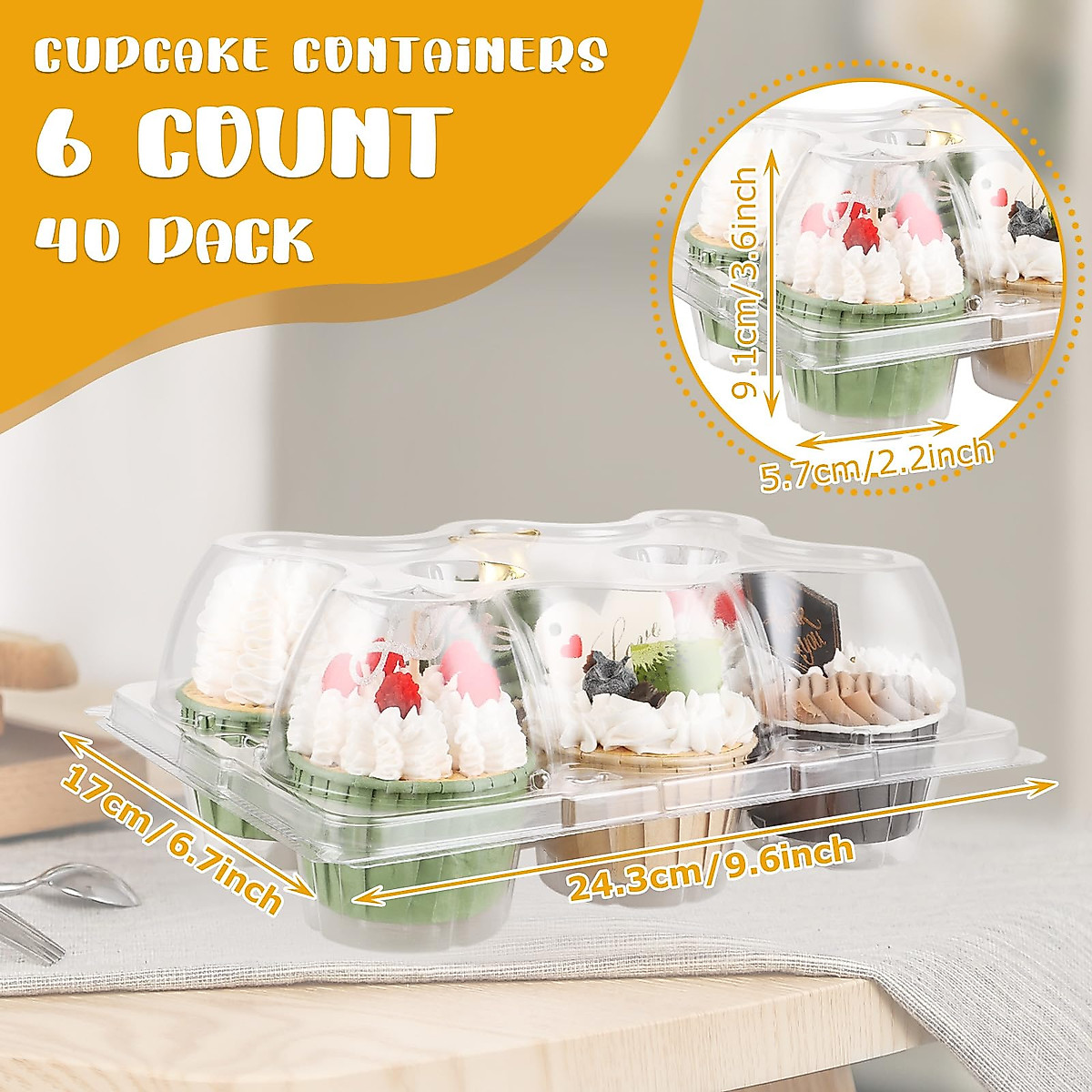 LISHINE 40 Pack Cupcake Containers 6 Count Cupcake Boxes Bulk Disposable Cupcake Carrier Plastic Cupcake Holder with Lid Clear Cupcake Plastic Cupcake Trays for Transporting