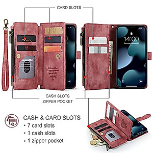 CaseMe iPhone 13 Case with Card Holder, Suede Retro iPhone 13 Wallet Case for Women Men, iPhone 13 Case with 7 Drivers License Card Slots Magnetic Closure Change Coin Zipper Pocket Kickstand, Red