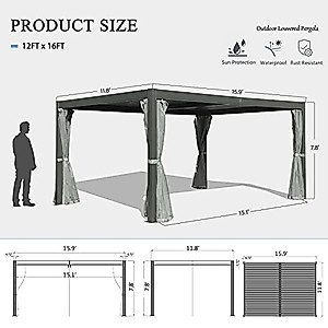 Domi Outdoor Living 12’ x 16’ Louvered Pergola with Adjustable Rainproof Roof, Outdoor Aluminum Frame Hardtop Gazebo for Backyard, Garden and Lawn w/Netting (Dark Gray)