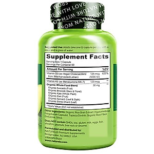 NATURELO Vegan K2+D3 - Plant Based D3 from Lichen - Natural D3 Supplement for Immune System, Bone Support, Joint Health - Whole Food - Vegan - Non-GMO - Gluten Free (60 Count (Pack of 1))