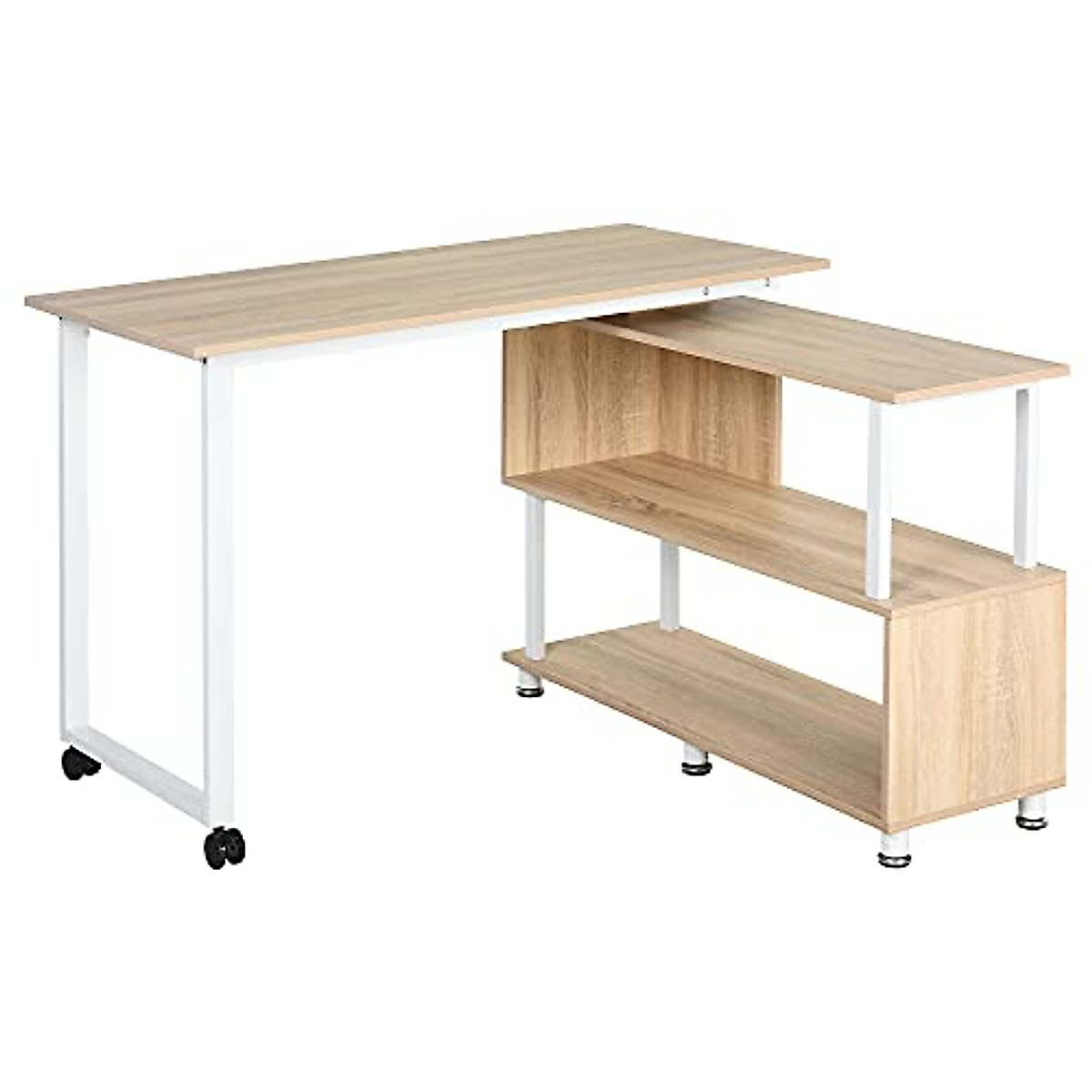 HOMCOM Mobile L-Shaped Rotating Computer Desk with Storage Shelves Moveable Rolling Writing Table Home Office Study Workstation for Home Office, Oak