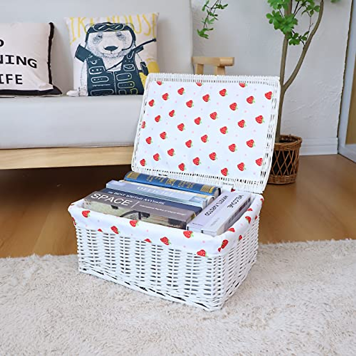 KINGWILLOW Rectangular Storage Basket, Wicker Storage Bin with Lid for Clothes Books Sundries (Strawberry Pattern Lining, Large)