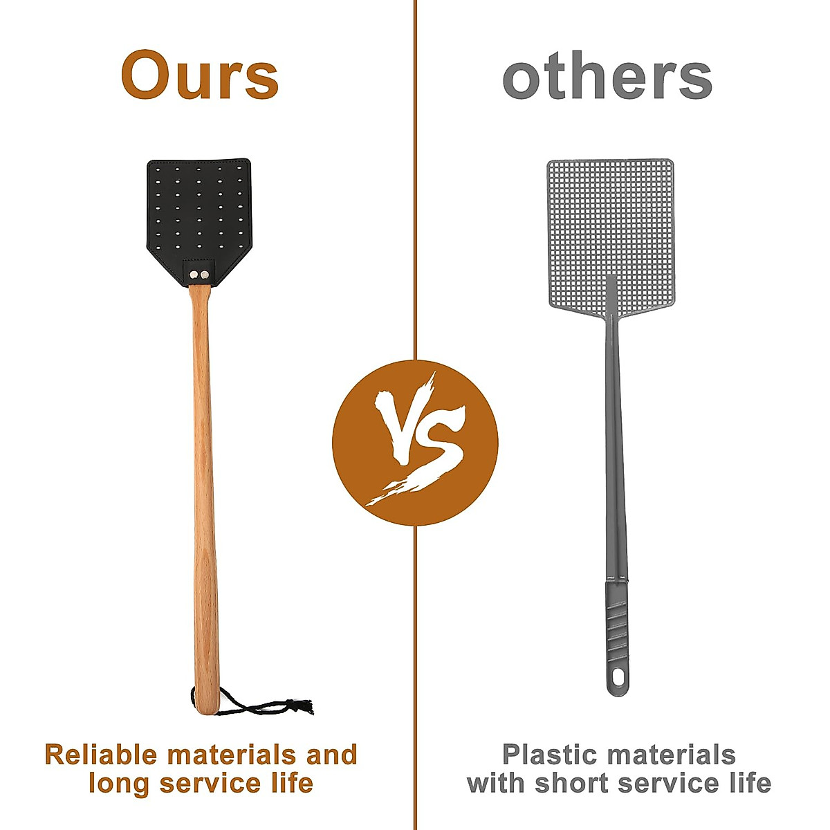 2pcs Leather Fly Swatter, Manual Heavy Duty Flyswatter with Long Wood Handle and Hanging Rope Durable Fly Swatter Catcher Wasp Swatter for Indoor Outdoor Home Fly