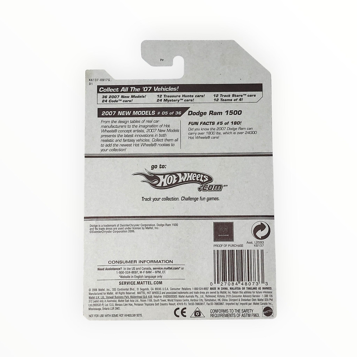 Hot Wheels 2007 New Models #5 Dodge Ram Red 1500 #2007-5 Collectible Collector Car