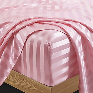 P Pothuiny Queen Satin Bed Linen Set, 6 Pieces Blush Pink Striped, Luxury Bedding with 1 Fitted Sheet, 1 Flat Sheet, 4 Pillowcases