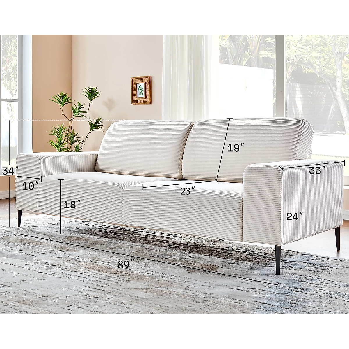AMERLIFE 89 inch Sofa, Oversized Sofa-Modern Sofa Couch in Corduroy, 3 Seater Sofa for Living Room, White Deep Seat Sofa