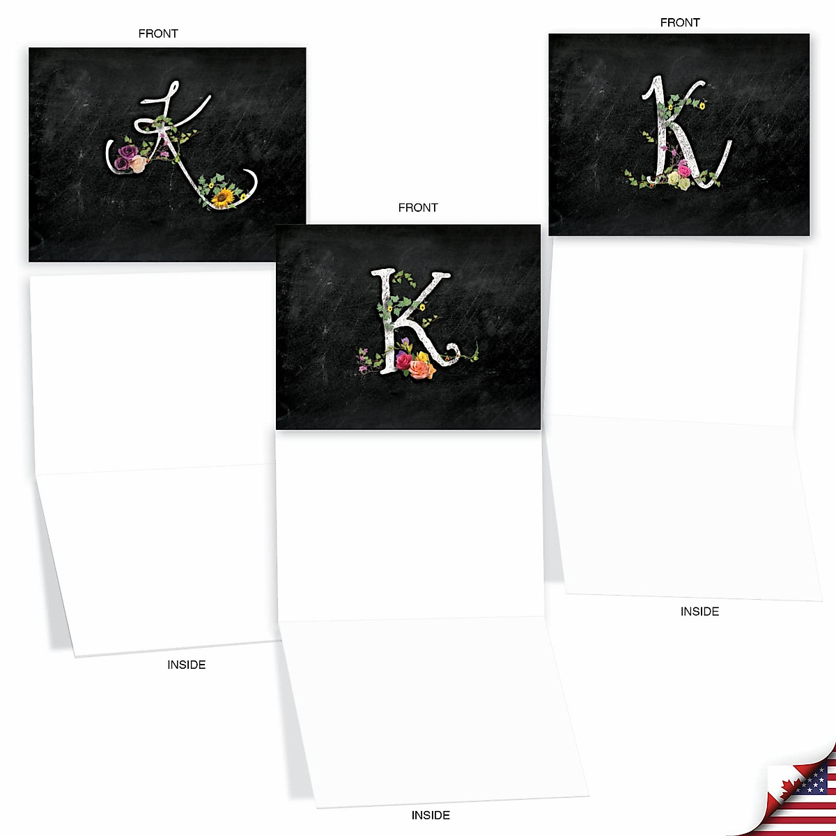 The Best Card Company - 10 Initial Letter K Assorted Blank Notecards, Floral Monogramed Personal Stationery w/Envelopes Bulk Box Set 4 x 5.12 Inch Thank You Notes - K Chalk and Roses M3795OCB-B1x10