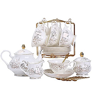 Daveinmic 22-Pieces Porcelain Bone china Tea Sets,Gold Rim Coffee Set with Golden Metal Rack,Cups,Saucers,Spoons,Teapot,Sugar Bowl,Creamer Pitcher,Tea Gift Sets for Home&Party(Gold Rim phoenix set)