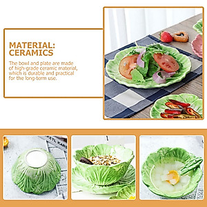 GANAZONO 1 Set Ceramic Cabbage Bowl with Plate Fruit Salad Bowl Cartoon Dinner Plate Soup Bowls Easter Food Snack Container for Kitchen Green Ramen Bowl
