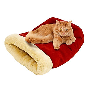 GOOPAWS 4 in 1 Self Warming Burrow Cat Bed, Pet Hideway Sleeping Cuddle Cave (Burgundy)