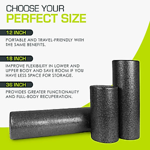 ProsourceFit High Density Foam Rollers 18 - inches long, Firm Full Body Athletic Massage Tool for Back Stretching, Yoga, Pilates, Post Workout Muscle Recuperation, Black