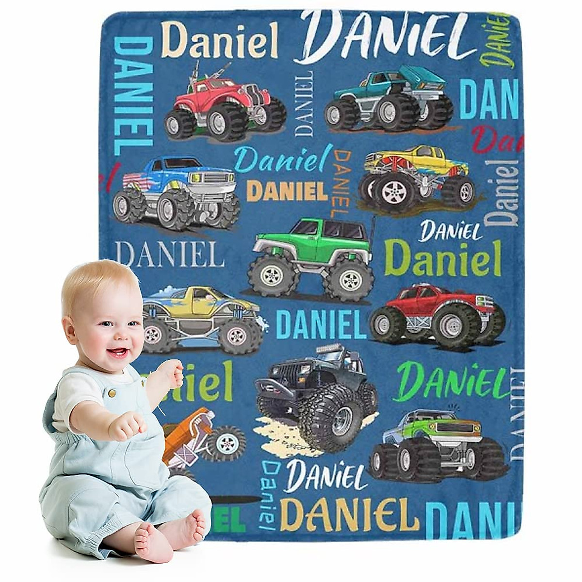 Custom Throw Blanket for Kids Boys, Personalized Car Fleece Blanket with Name Soft Cartoon Blanket for Christmas Birthday Shower Gift