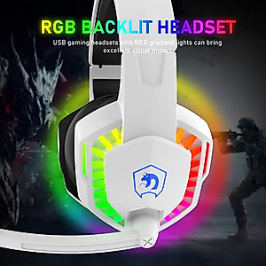 Wired Gaming Headset with Rainbow RGB Backlight Retractable Noise Isolating Microphone Stereo Sound Deep Bass Memory Foam Earmuff Over Ear Headphone for PS4 Xbox One Switch PC Mac Gamer Music (White)