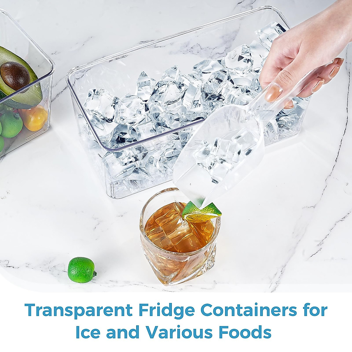 4 Set Clear Storage Bins with Scoops Stackable, Acrylic Freezer Ice Buckets with Scoops for Parties, Plastic Pantry Organizer Bins Food Storage Bins with Handle for Fridge, 4.4 Liter